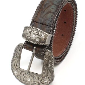 Western Scroll Buckle with Turquoise Tinted Embossed Brown Leather Belt (S)