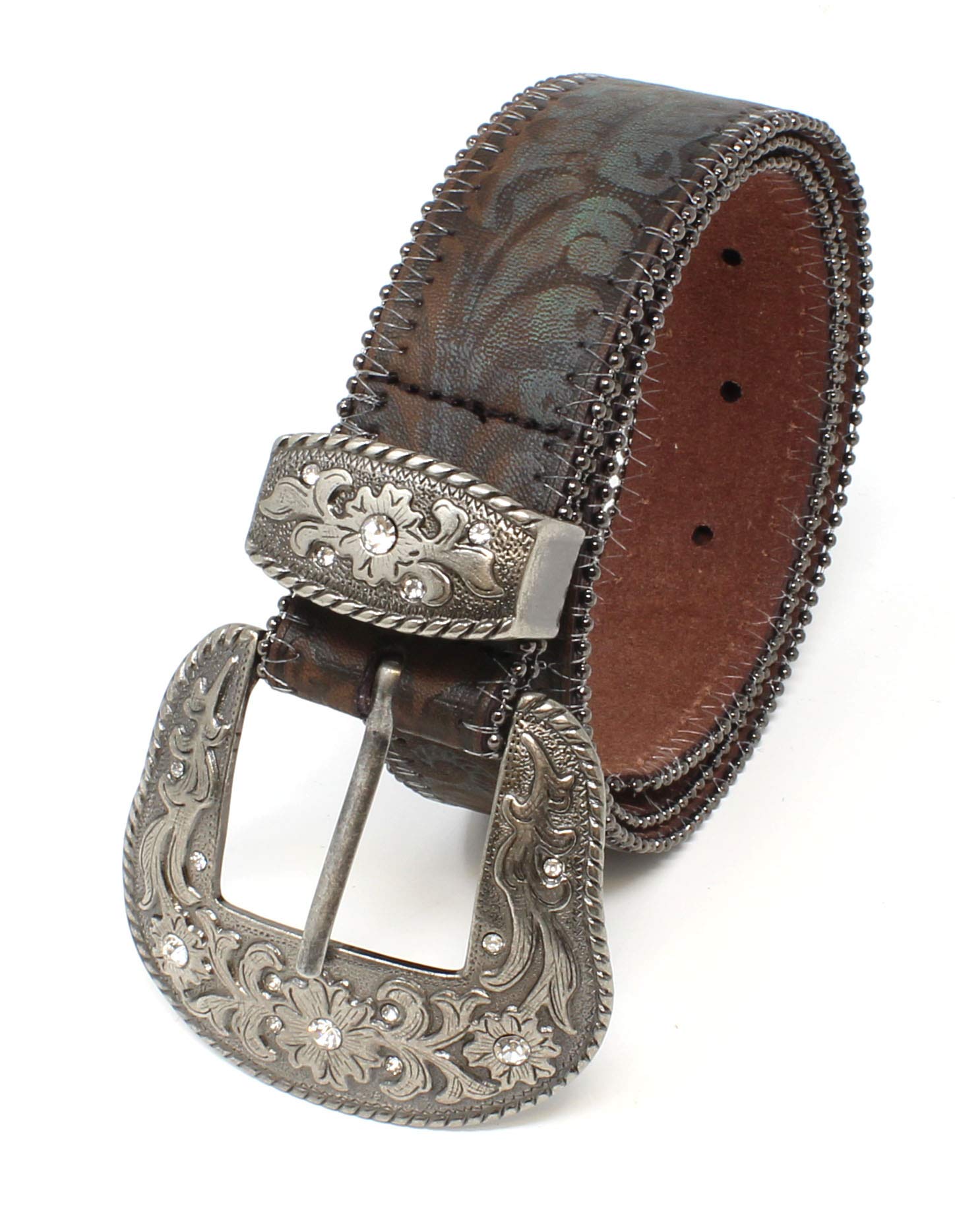 Western Scroll Buckle with Turquoise Tinted Embossed Brown Leather Belt (S)