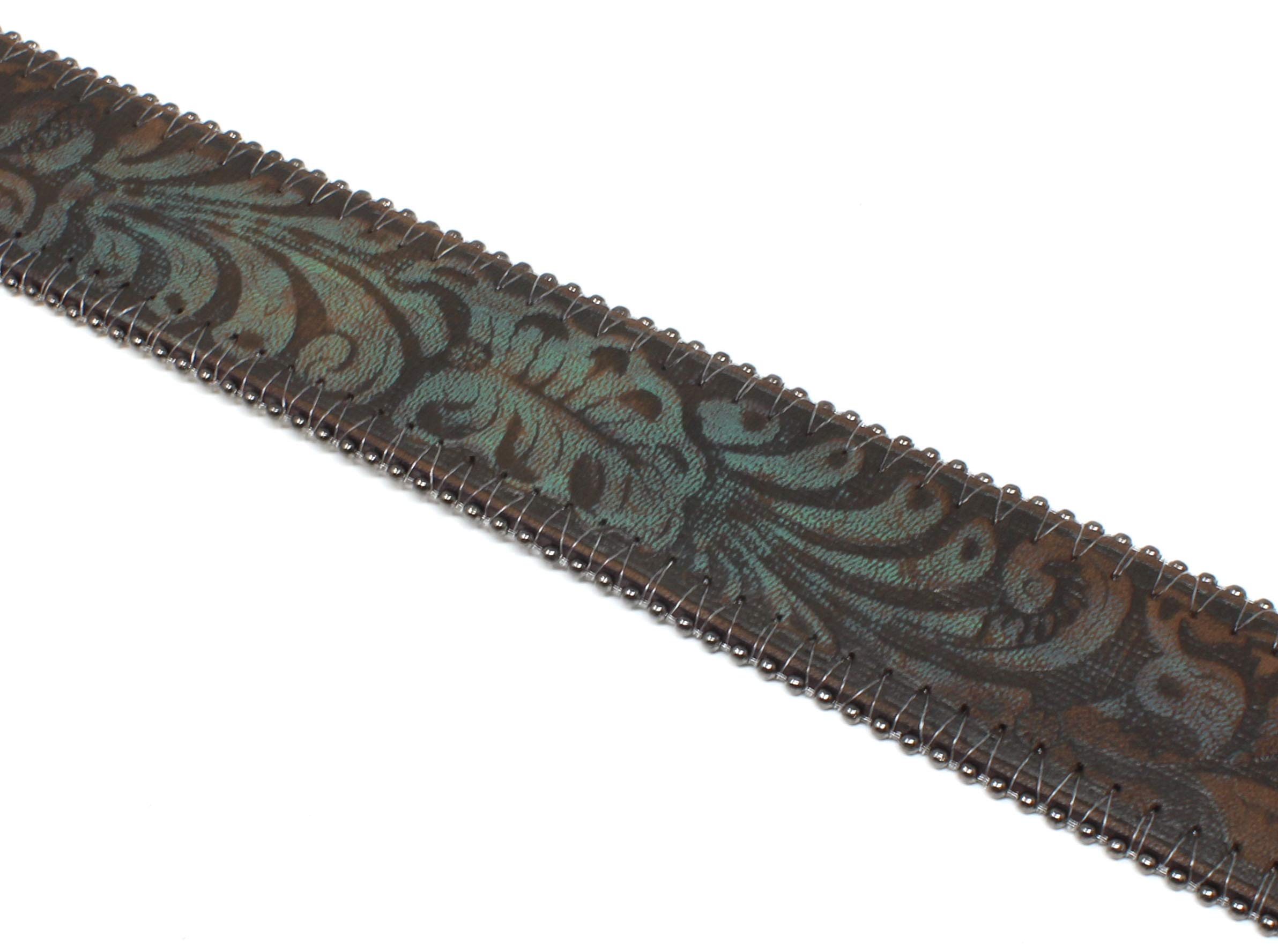 Western Scroll Buckle with Turquoise Tinted Embossed Brown Leather Belt (S)