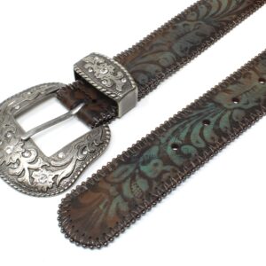 Western Scroll Buckle with Turquoise Tinted Embossed Brown Leather Belt (S)