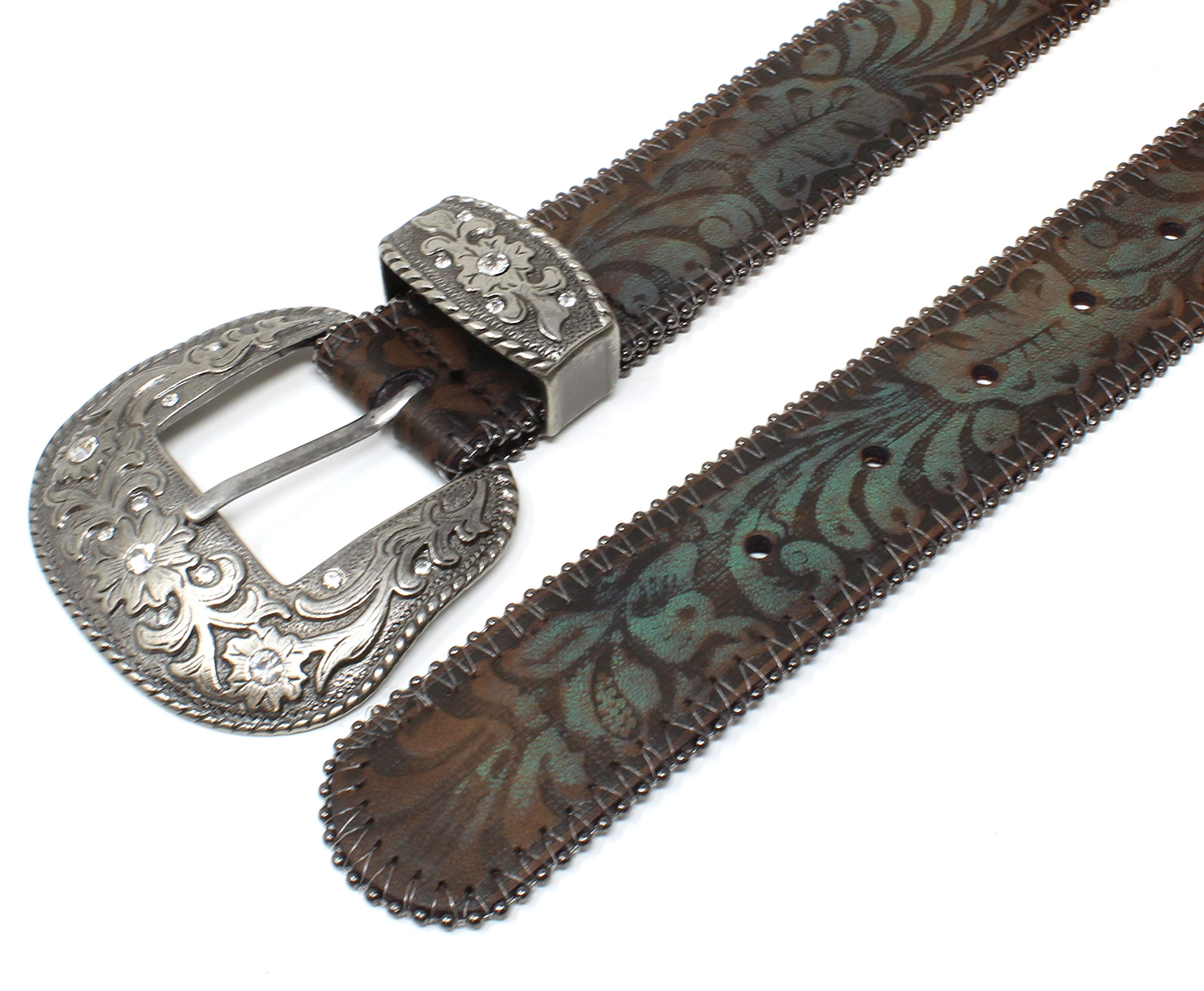 Western Scroll Buckle with Turquoise Tinted Embossed Brown Leather Belt (S)