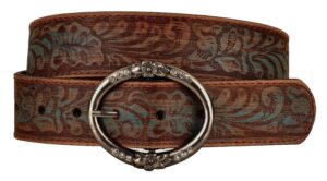 distress embossed brown and teal leather belt with rhinestone ring buckle (m)