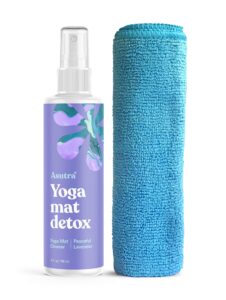 asutra yoga mat cleaner spray (peaceful lavender), 4 fl oz - no slippery residue, organic essential oils, deep-cleansing for fitness gear & gym equipment, microfiber towel included