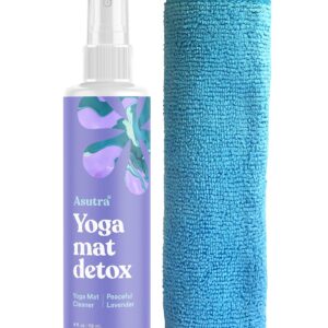 ASUTRA Yoga Mat Cleaner Spray (Peaceful Lavender), 4 fl oz - No Slippery Residue, Organic Essential Oils, Deep-Cleansing for Fitness Gear & Gym Equipment, Microfiber Towel Included