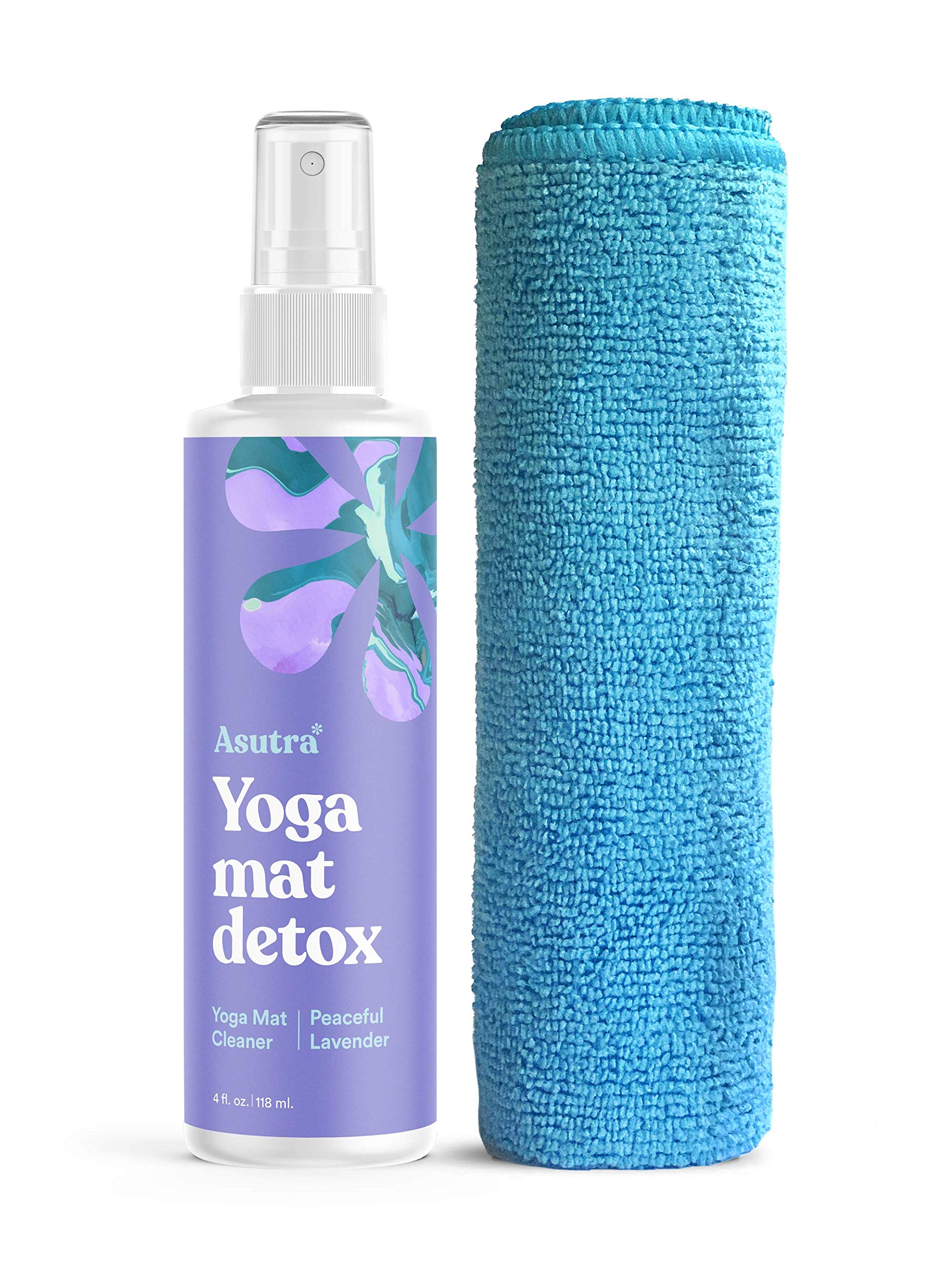 ASUTRA Yoga Mat Cleaner Spray (Peaceful Lavender), 4 fl oz - No Slippery Residue, Organic Essential Oils, Deep-Cleansing for Fitness Gear & Gym Equipment, Microfiber Towel Included