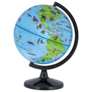 tcp global 6" world globe with wildlife animals of the world - zoo, blue oceans, vertical axis rotation - educational map, learn earth's geography - school, home office, shelf desktop display