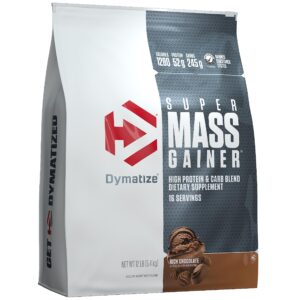 dymatize super mass gainer protein powder, 1280 calories & 52g protein,10.7g bcaas, mixes easily, tastes delicious, rich chocolate, 12 lbs