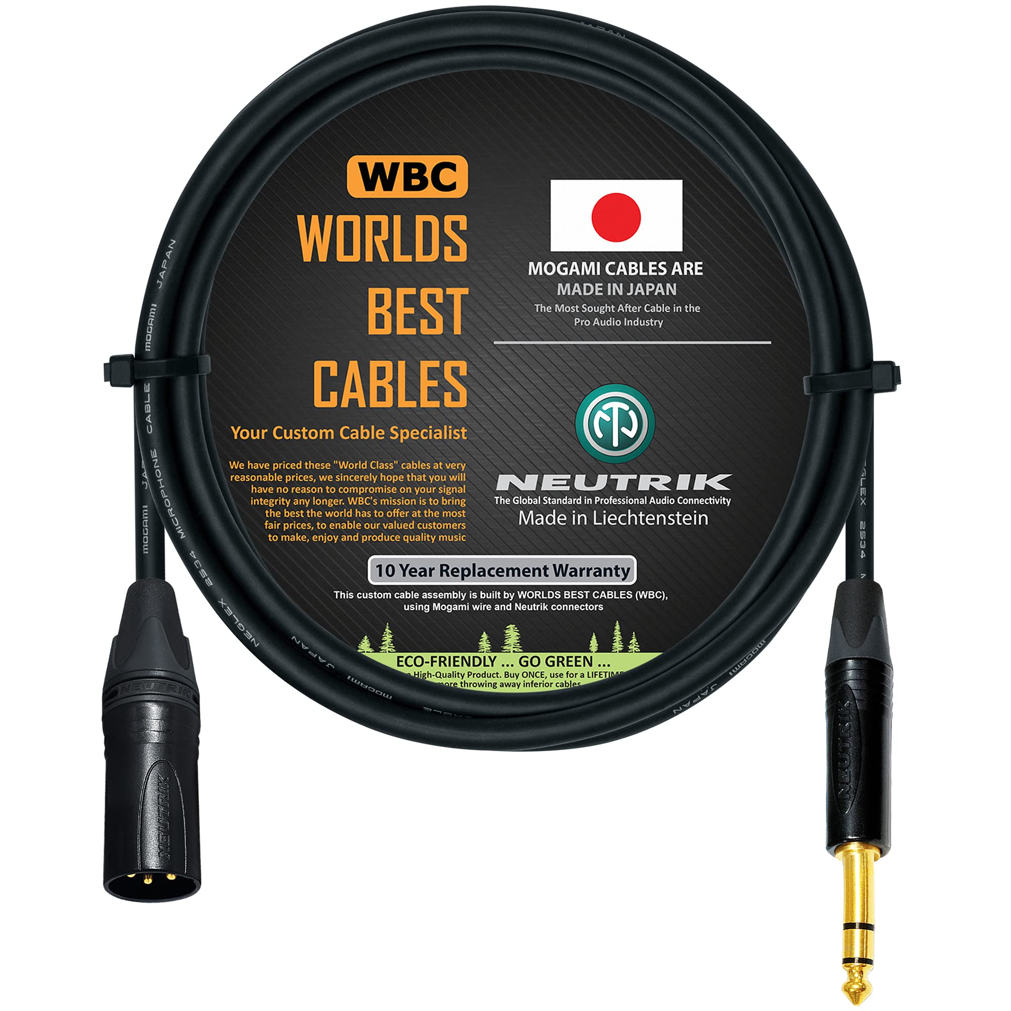 6 Foot - Quad Balanced Patch Cable CUSTOM MADE By WORLDS BEST CABLES – using Mogami 2534 wire and Neutrik NC3MXX-B Male XLR & NP3X-B TRS Stereo Phone Plug.