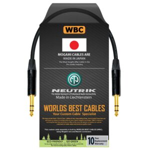 worlds best cables 6 inch –quad balanced patch cable custom made using mogami 2534 wire and neutrik np3x-b ¼ inch (6.35mm) trs stereo phone plugs