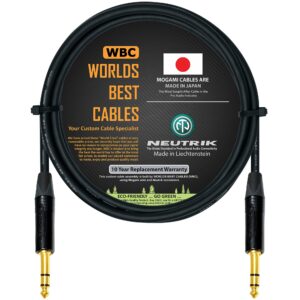 2 foot - quad balanced patch cable custom made by worlds best cables – using mogami 2534 wire and neutrik np3x-b ¼ inch (6.35mm) trs stereo phone plugs