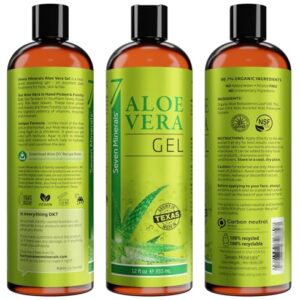 Organic Aloe Vera Gel from freshly cut 100% Pure Aloe - Big 12oz - HighestQuality, Texas grown, Vegan, Unscented - For Face, Skin, Hair, Sunburn relief