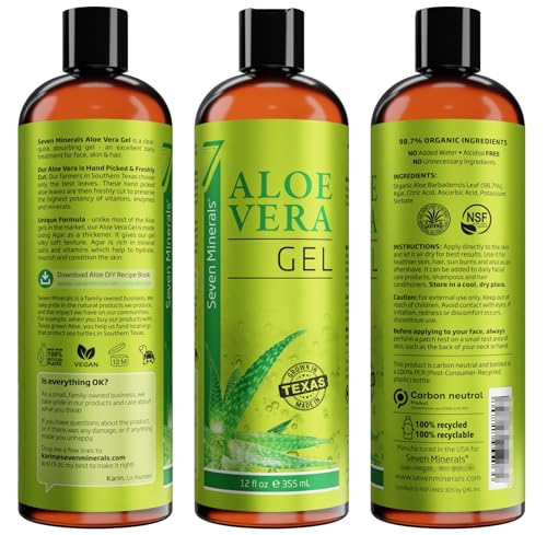 Organic Aloe Vera Gel from freshly cut 100% Pure Aloe - Big 12oz - HighestQuality, Texas grown, Vegan, Unscented - For Face, Skin, Hair, Sunburn relief