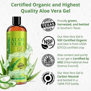 Organic Aloe Vera Gel from freshly cut 100% Pure Aloe - Big 12oz - HighestQuality, Texas grown, Vegan, Unscented - For Face, Skin, Hair, Sunburn relief