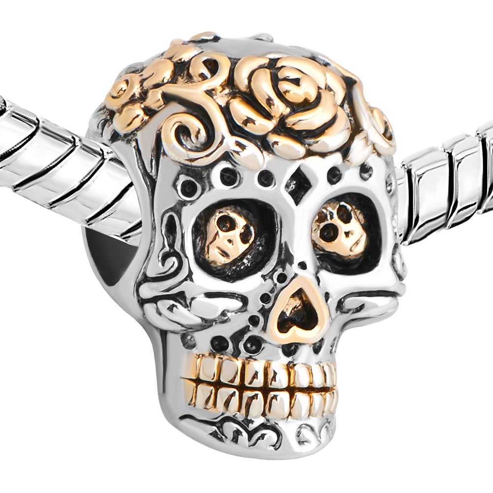 Fit Pandora Charms Silver Plated Dia De Los Muertos Skull Charm Bead (4.8-5mm), 14.9mm