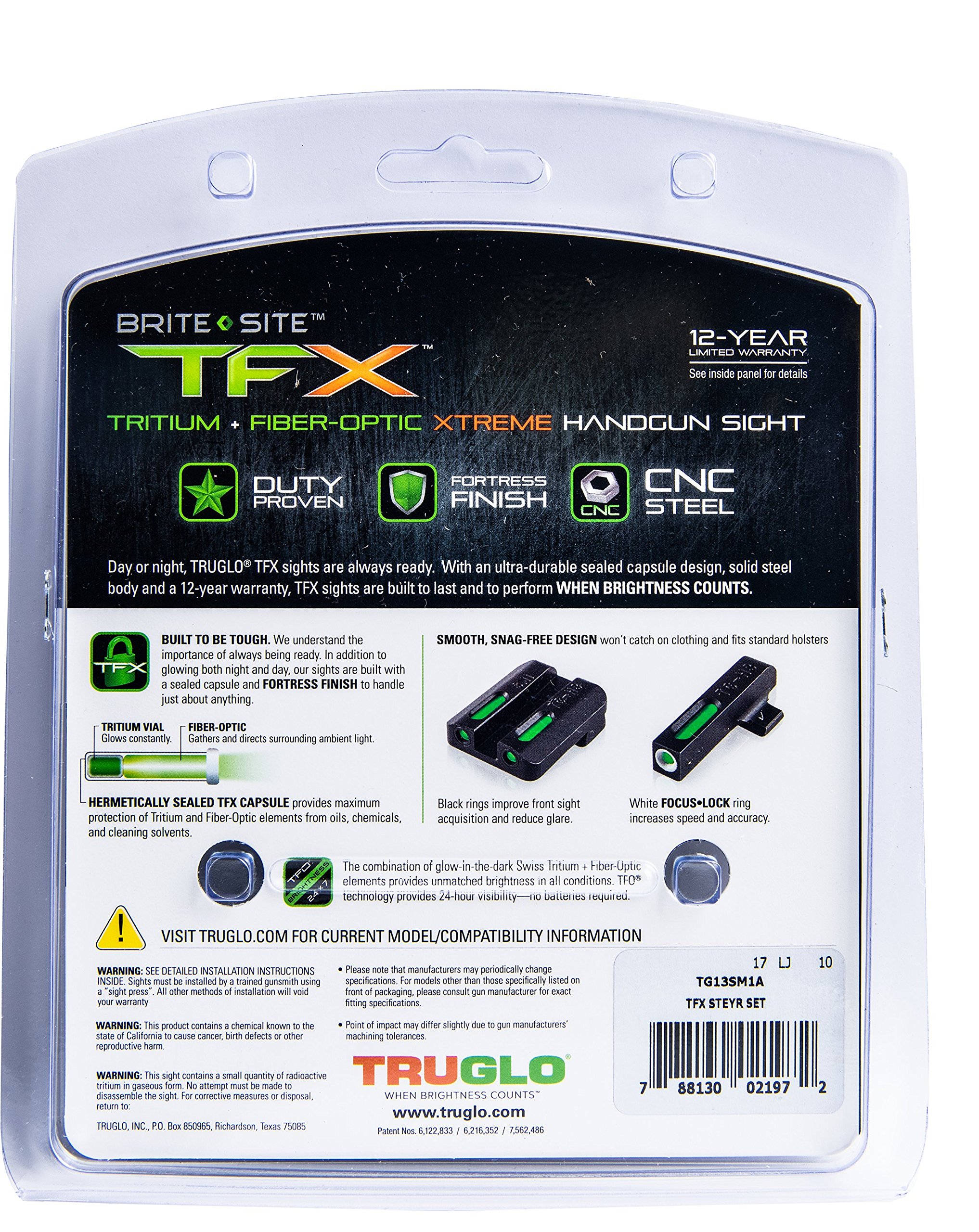 TRUGLO TFX Handgun Sight | Durable Shock-Resistant Compact Brightly Glowing Tritium & Fiber-Optic Xtreme Day/Night Sight, Compatible with Steyr Mannlicher Handguns