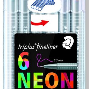 Staedtler Fineliner Drawing Pens .3mm 6 Count Triplus Fine Line, 6-Pack, Assorted Neon