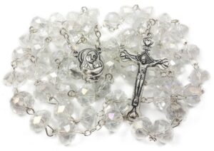 nazareth store white clear crystal beads rosary prayer beaded necklace with holy soil medal and jesus cross communion rosary