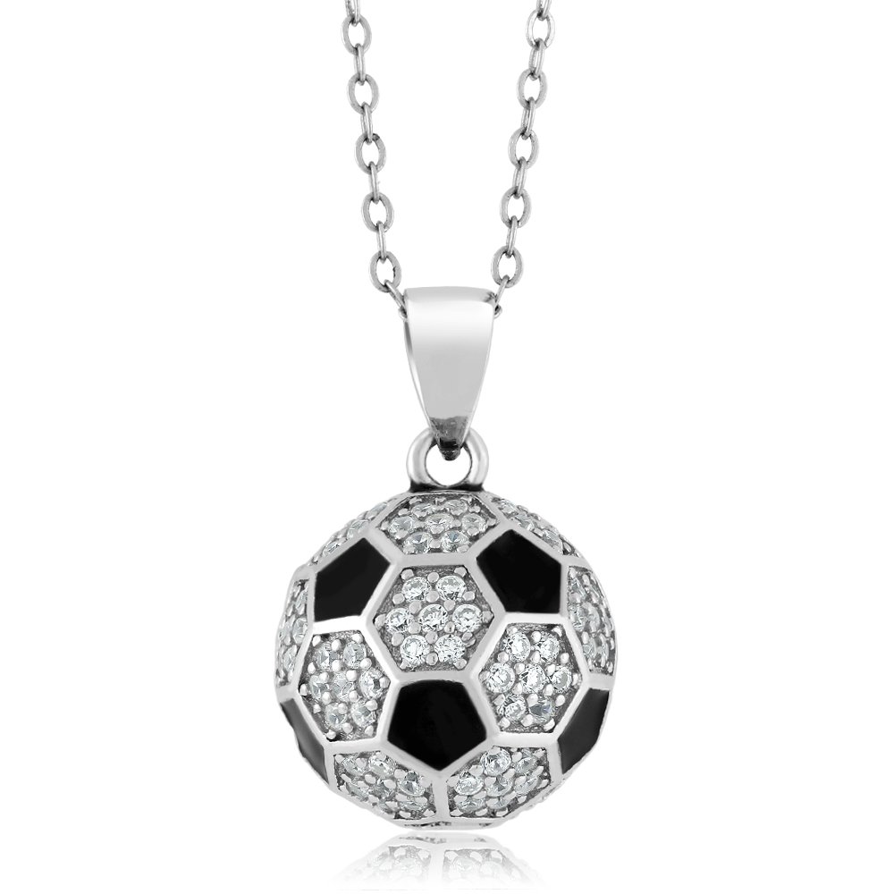 Gem Stone King 925 Sterling Silver Soccer Ball Pendant Necklace with Shimmering White Zirconia Stones | 1.30 Cttw | 1/2 Inch | A Stunning Gift for Soccer Fans and Athletes! | With 18 Inch Silver Chain