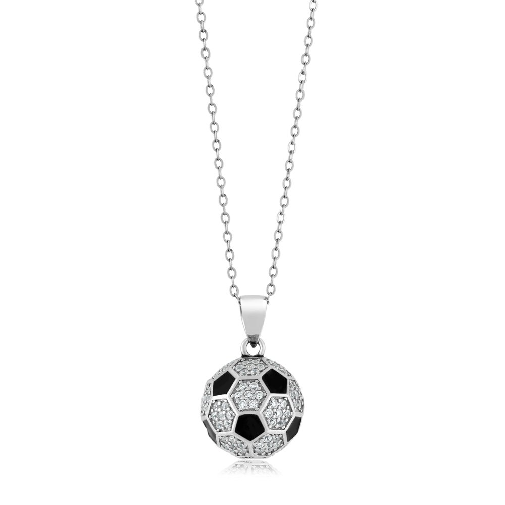 Gem Stone King 925 Sterling Silver Soccer Ball Pendant Necklace with Shimmering White Zirconia Stones | 1.30 Cttw | 1/2 Inch | A Stunning Gift for Soccer Fans and Athletes! | With 18 Inch Silver Chain