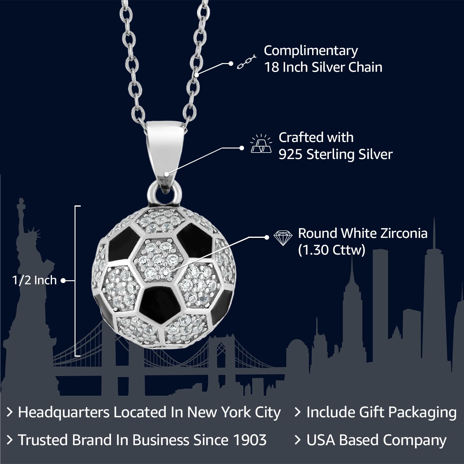 Gem Stone King 925 Sterling Silver Soccer Ball Pendant Necklace with Shimmering White Zirconia Stones | 1.30 Cttw | 1/2 Inch | A Stunning Gift for Soccer Fans and Athletes! | With 18 Inch Silver Chain