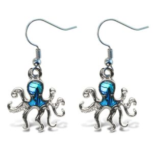 Puzzled Octopus Earrings - Charming New Zealand Blue Paua Shell Octopus Jewelry Earrings, Elegant Abalone Shell Sea Animals Earrings, Unique Jewelry Sterling Silver Earrings Gifts for Women - 3 Inches