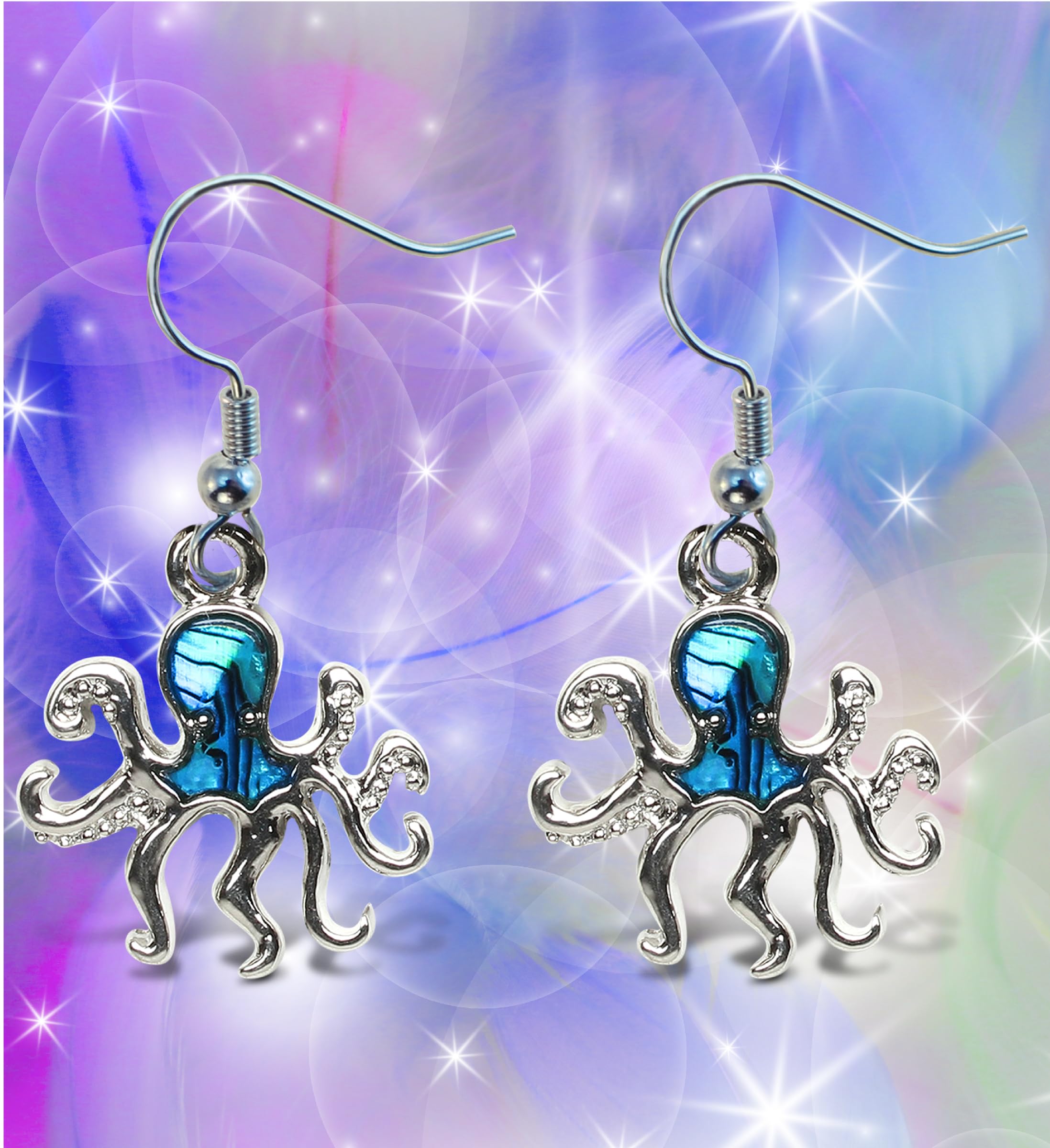 Puzzled Octopus Earrings - Charming New Zealand Blue Paua Shell Octopus Jewelry Earrings, Elegant Abalone Shell Sea Animals Earrings, Unique Jewelry Sterling Silver Earrings Gifts for Women - 3 Inches