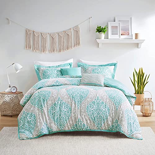 Intelligent Design Senna Comforter Set Full/Queen Size - Aqua Blue/Gray, Damask – 5 Piece Bed Sets – All Season Ultra Soft Microfiber Teen Bedding - Great For Guest Room and Girls Bedroom