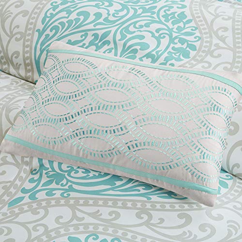 Intelligent Design Senna Comforter Set Full/Queen Size - Aqua Blue/Gray, Damask – 5 Piece Bed Sets – All Season Ultra Soft Microfiber Teen Bedding - Great For Guest Room and Girls Bedroom