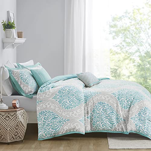 Intelligent Design Senna Comforter Set Full/Queen Size - Aqua Blue/Gray, Damask – 5 Piece Bed Sets – All Season Ultra Soft Microfiber Teen Bedding - Great For Guest Room and Girls Bedroom