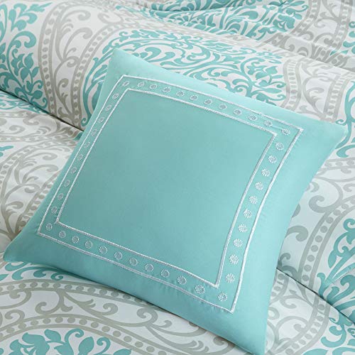 Intelligent Design Senna Comforter Set Full/Queen Size - Aqua Blue/Gray, Damask – 5 Piece Bed Sets – All Season Ultra Soft Microfiber Teen Bedding - Great For Guest Room and Girls Bedroom