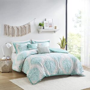 Intelligent Design Senna Comforter Set Full/Queen Size - Aqua Blue/Gray, Damask – 5 Piece Bed Sets – All Season Ultra Soft Microfiber Teen Bedding - Great For Guest Room and Girls Bedroom