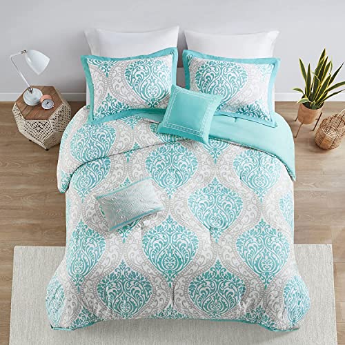 Intelligent Design Senna Comforter Set Full/Queen Size - Aqua Blue/Gray, Damask – 5 Piece Bed Sets – All Season Ultra Soft Microfiber Teen Bedding - Great For Guest Room and Girls Bedroom