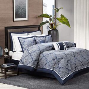 madison park medina comforter set-casual jacquar damask design all season cozy bedding, matching bedskirt, shams, decorative pillows, queen (90 in x 90 in), damask navy 8 piece