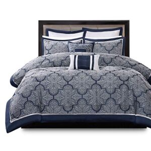 Madison Park Medina Comforter Set-Casual Jacquar Damask Design All Season Cozy Bedding, Matching Bedskirt, Shams, Decorative Pillows, Queen (90 in x 90 in), Damask Navy 8 Piece