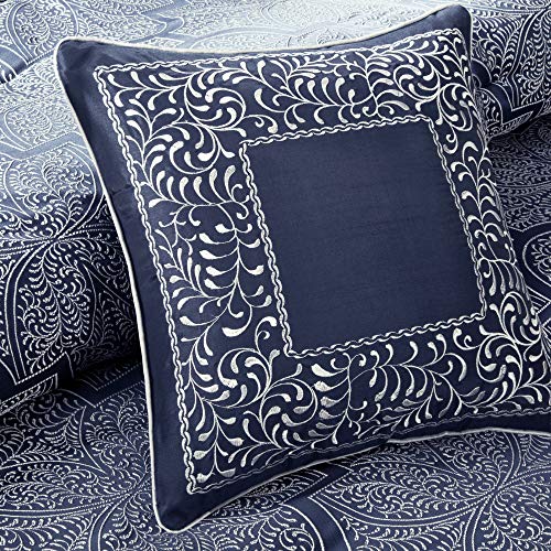 Madison Park Medina Comforter Set-Casual Jacquar Damask Design All Season Cozy Bedding, Matching Bedskirt, Shams, Decorative Pillows, Queen (90 in x 90 in), Damask Navy 8 Piece