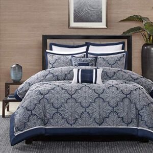 Madison Park Medina Comforter Set-Casual Jacquar Damask Design All Season Cozy Bedding, Matching Bedskirt, Shams, Decorative Pillows, Queen (90 in x 90 in), Damask Navy 8 Piece