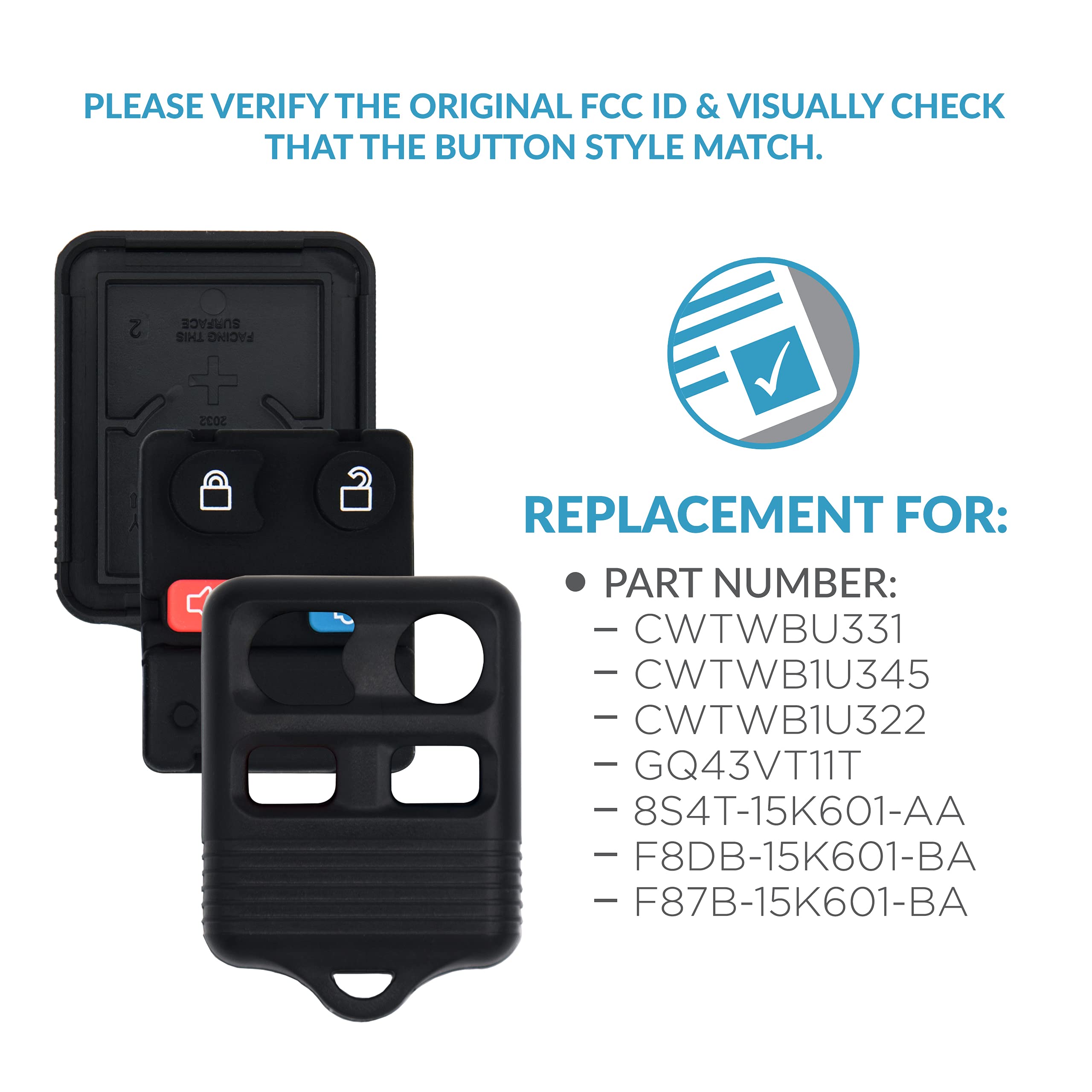 Keyless2Go Replacement for New Shell Case and 4 Button Pad for Remote Key Fob with FCC CWTWB1U345 or CWTWB1U331 - Shell ONLY