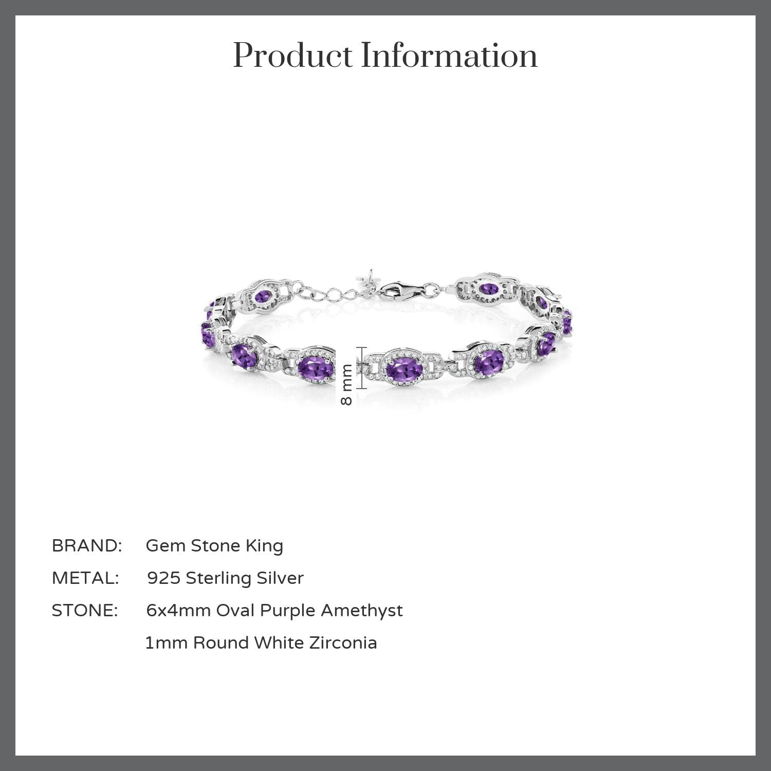 Gem Stone King 925 Sterling Silver Purple Amethyst Tennis Bracelet For Women (8.55 Cttw, Gemstone Birthstone, 7 Inch, with 1 Inch Extender)