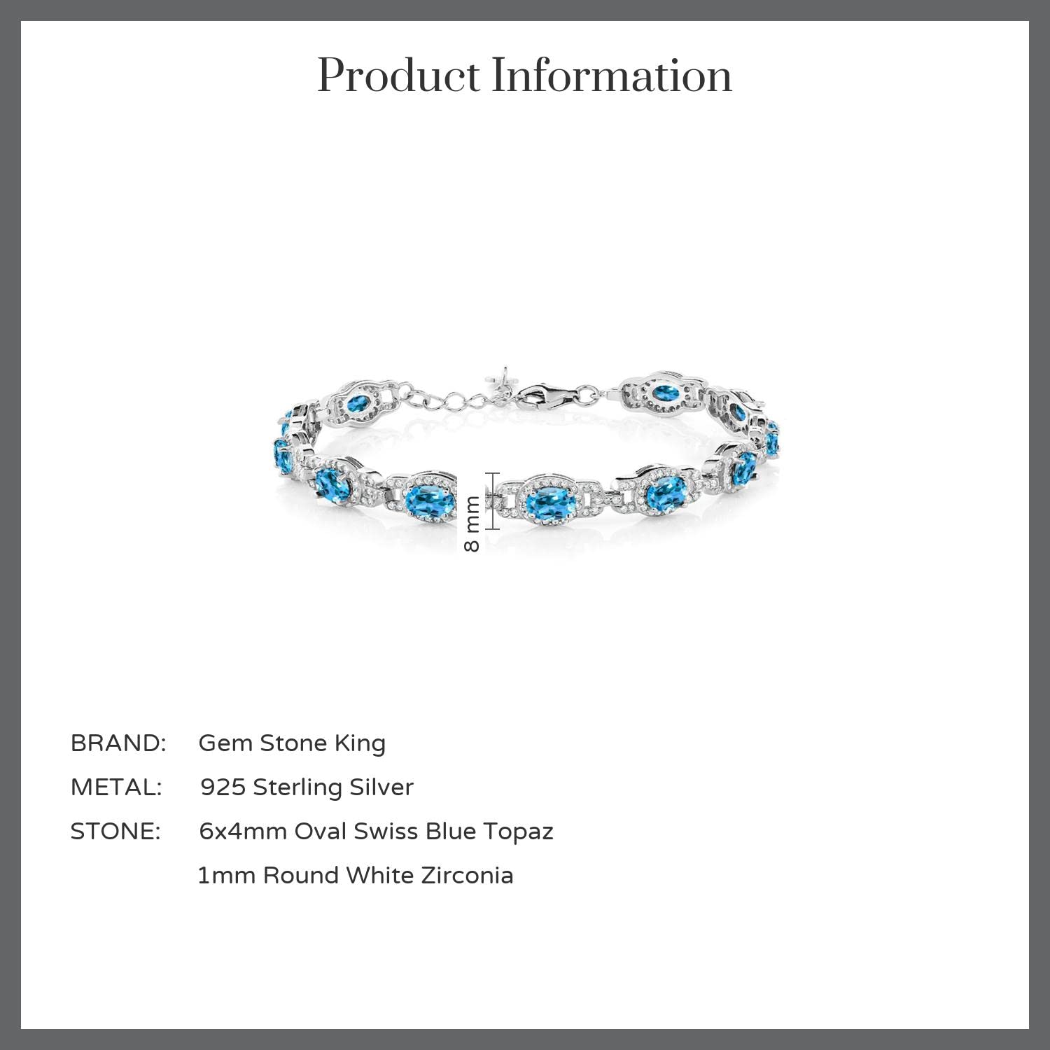 Gem Stone King 9.65 Cttw Oval Swiss Blue Topaz Tennis Bracelet For Women In 925 Sterling Silver | Gemstone Birthstone | 7 Inch With 1 Inch Extender