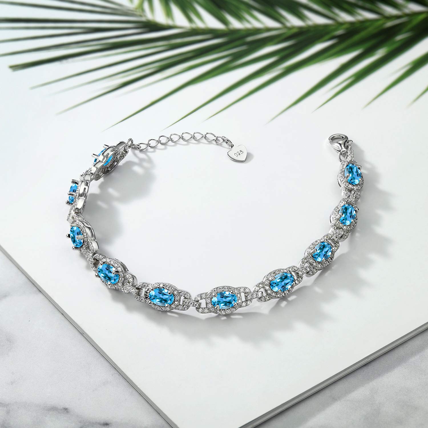 Gem Stone King 9.65 Cttw Oval Swiss Blue Topaz Tennis Bracelet For Women In 925 Sterling Silver | Gemstone Birthstone | 7 Inch With 1 Inch Extender