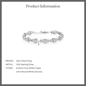 Gem Stone King 10.20 Cttw Oval White Topaz Tennis Bracelet For Women In 925 Sterling Silver | Gemstone Birthstone | Oval 6X4MM | 7 inch With 1 Inch Extender