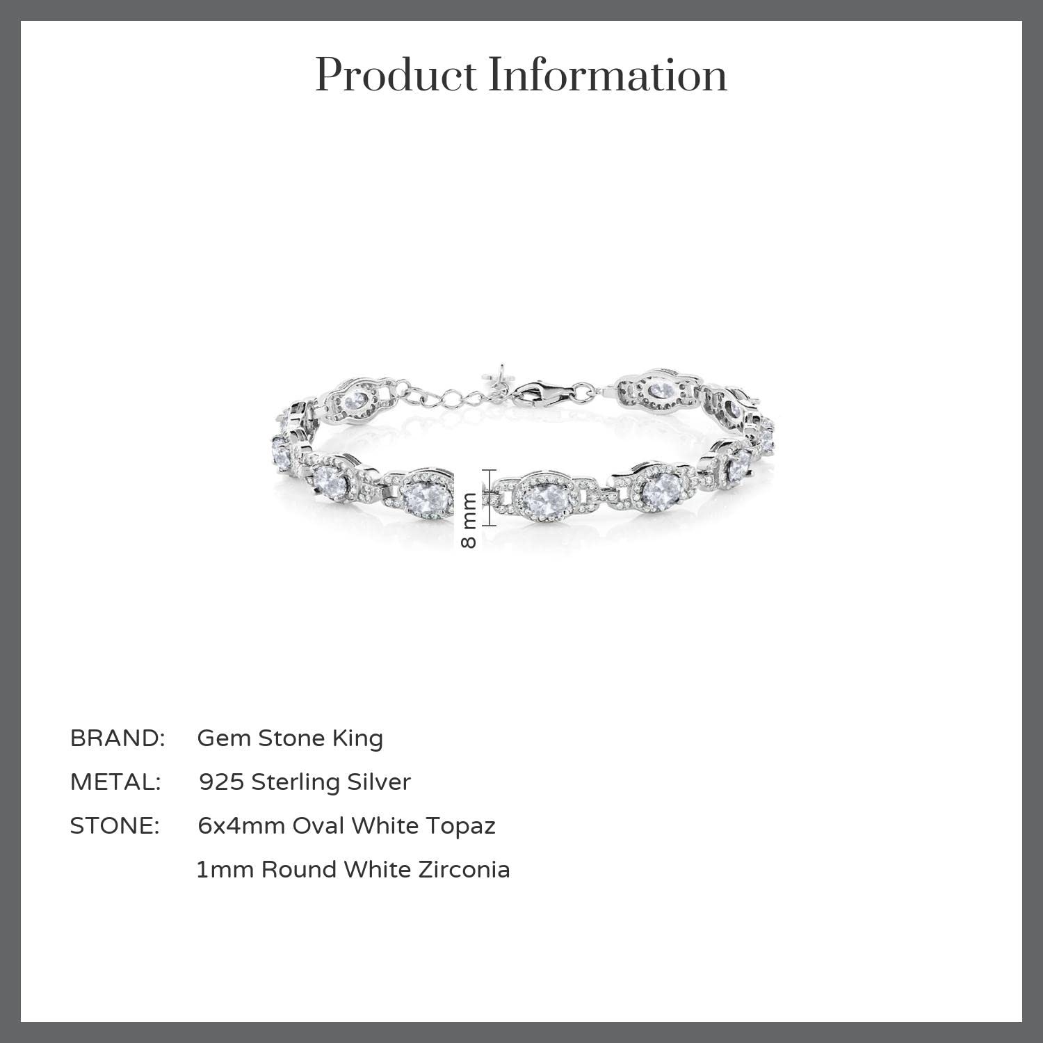 Gem Stone King 10.20 Cttw Oval White Topaz Tennis Bracelet For Women In 925 Sterling Silver | Gemstone Birthstone | Oval 6X4MM | 7 inch With 1 Inch Extender