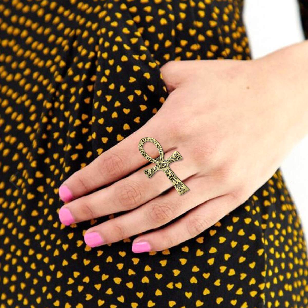 RechicGu Vintage Gold Egyptian Ancient Ankh Key of Life Cross Ring Cleopatra Adjustable Band Ankara Hieroglyphic Carved Symbol of Protection Amulet Jewelry