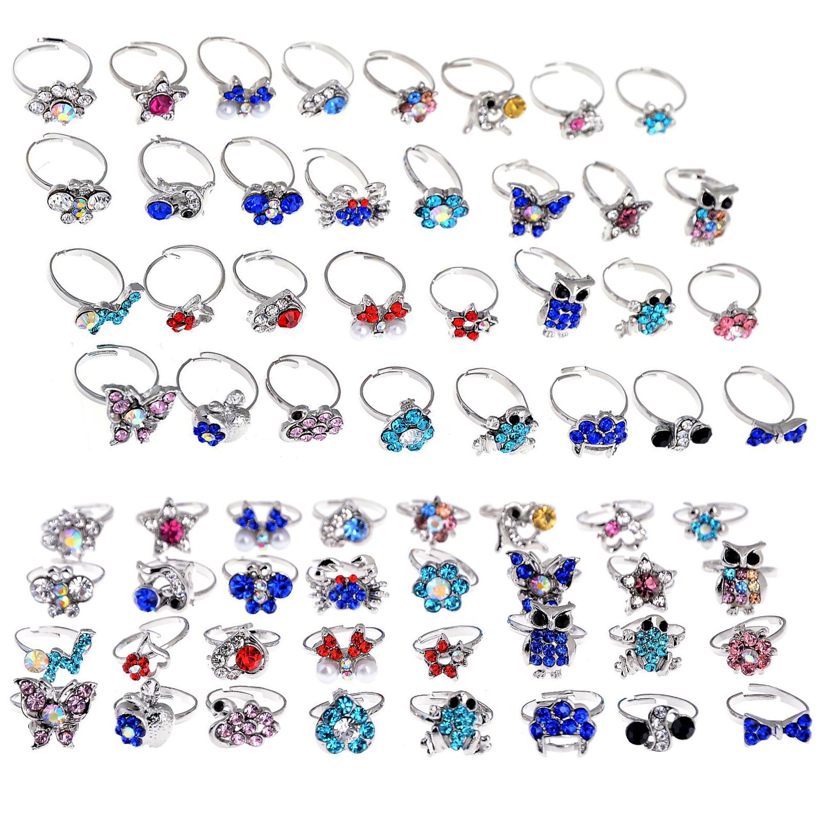 Shuning Children Kids 20pcs Cute Crystal Adjustable Rings Jewelry with Gift Bag