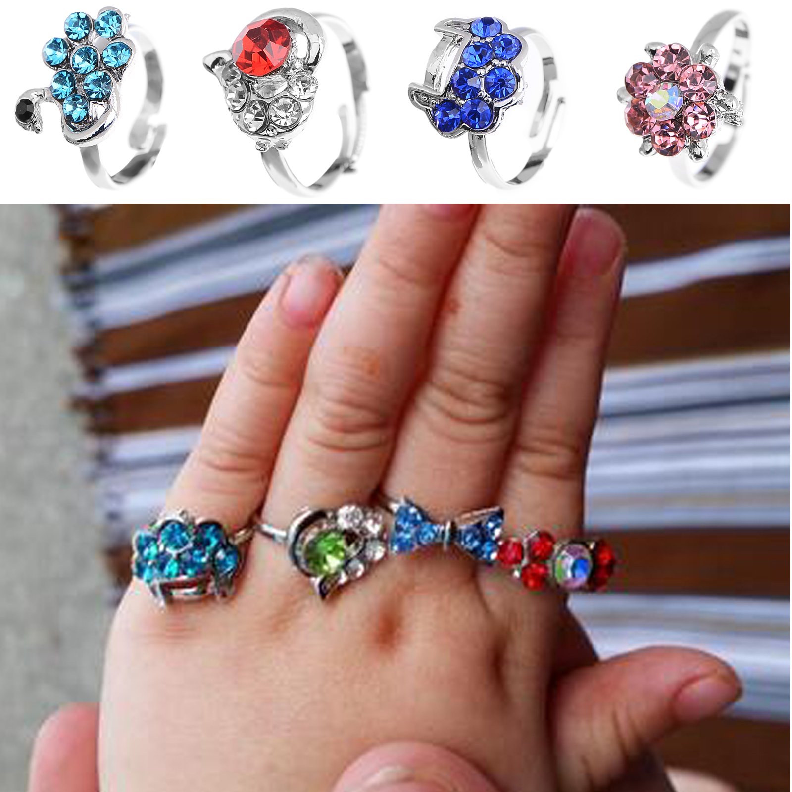 Shuning Children Kids 20pcs Cute Crystal Adjustable Rings Jewelry with Gift Bag