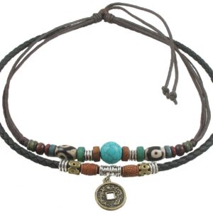 Ancient Tribe Unisex Adjustable Necklace Choker Turquoise Bead (Black & Brown)