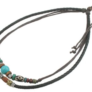 Ancient Tribe Unisex Adjustable Necklace Choker Turquoise Bead (Black & Brown)