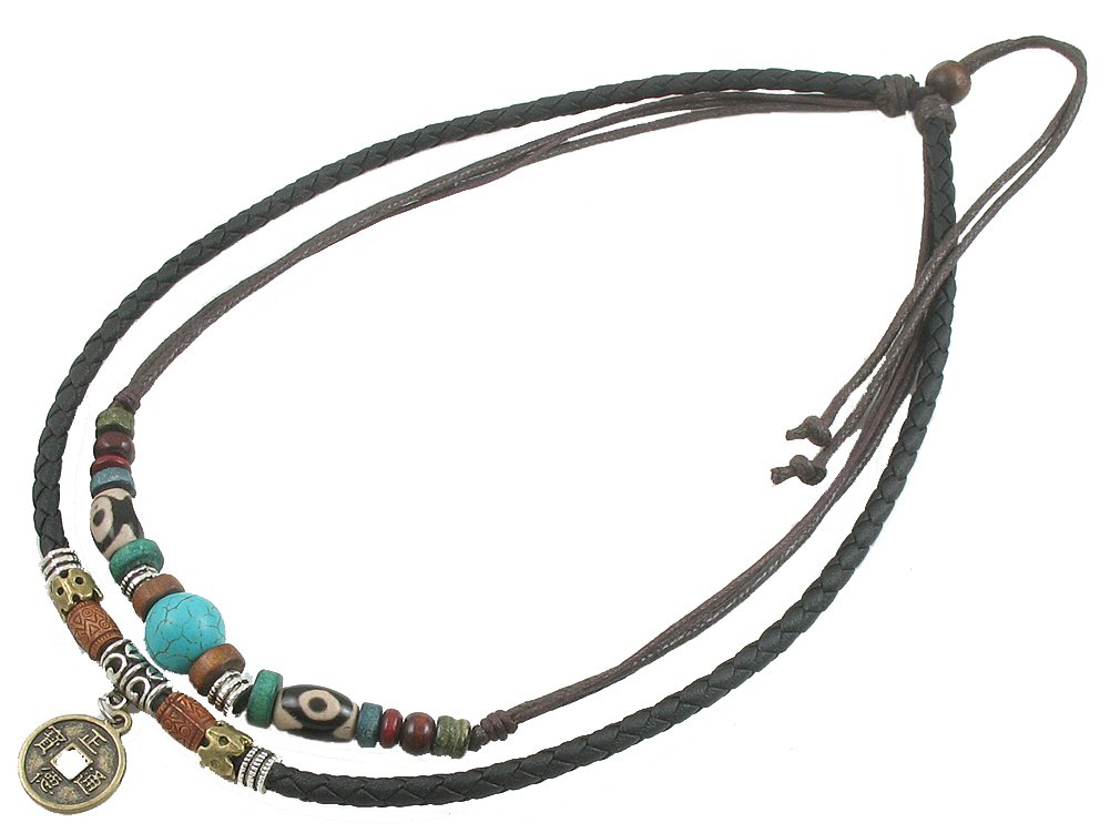 Ancient Tribe Unisex Adjustable Necklace Choker Turquoise Bead (Black & Brown)