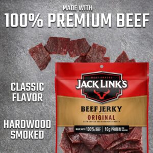 jack link's beef jerky, original flavor, 2.85 oz. - flavorful meat snack, 10g of protein and 80 calories, made with premium beef - 95 percent fat free, no added msg** or nitrates/nitrites