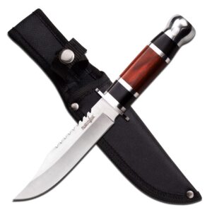 survivor - fixed blade knife - satin finish clip point blade w/sawback, black and brown wood handle, includes nylon sheath - hk-781s- hunting, camping, survival - prep. survive. thrive.